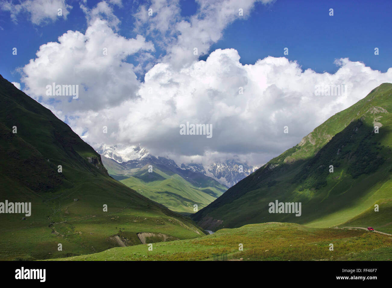 Ushguli,view from Lamaria Church, Mount Shkhara in clouds, Upper ...