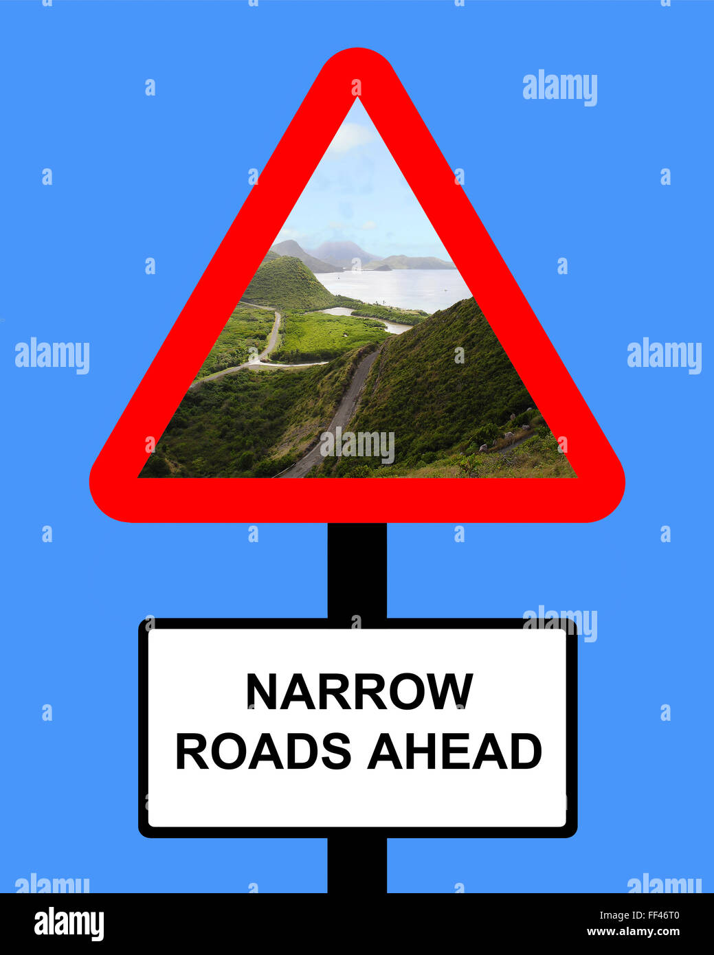 Warning triangle narrow roads ahead Stock Photo - Alamy