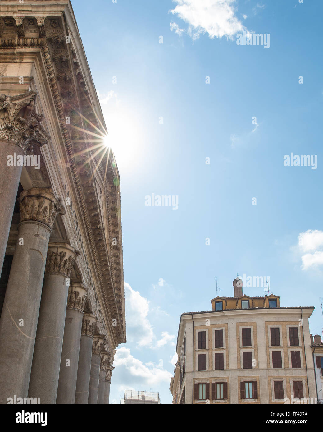Front of the Pantheon in Rome, Italy on a sunny day. Sun flare at the ...