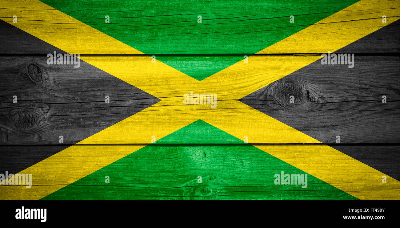 flag of Jamaica or Jamaican banner on wooden background Stock Photo - Alamy
