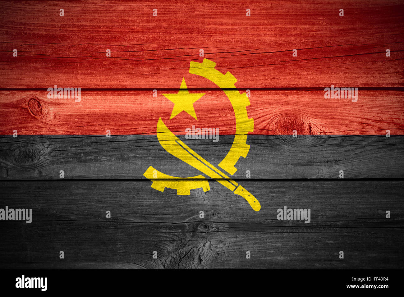flag of Angola or Angolan banner on wooden background Stock Photo - Alamy