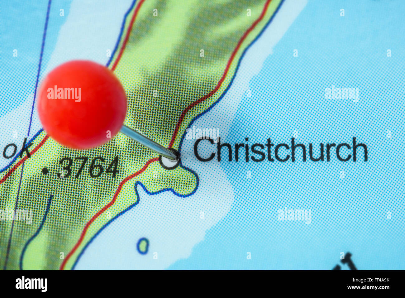 Close-up of a red pushpin in a map of Christchurch, New Zealand Stock ...