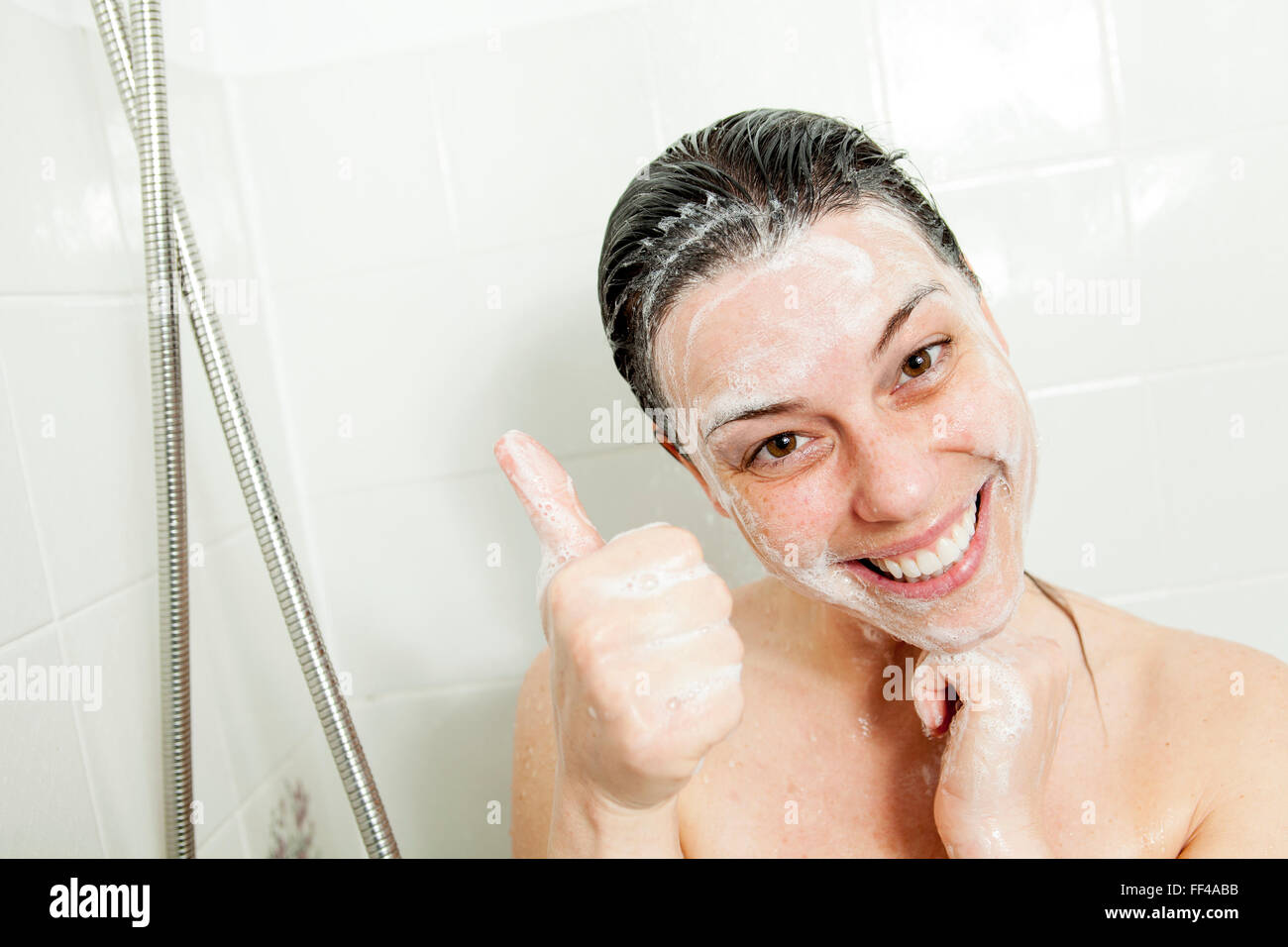 Shower Woman Happy Smiling Woman Washing Shoulder Showering In Stock