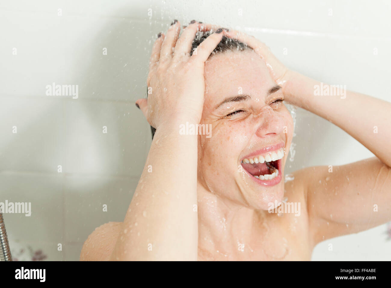 Shower Woman Happy Smiling Woman Washing Shoulder Showering In Stock