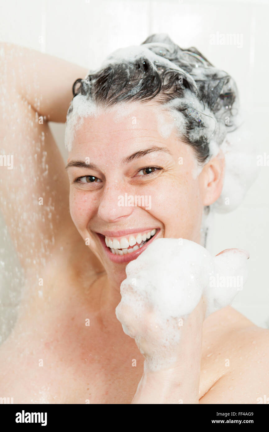 Shower Woman Happy Smiling Woman Washing Shoulder Showering In Stock