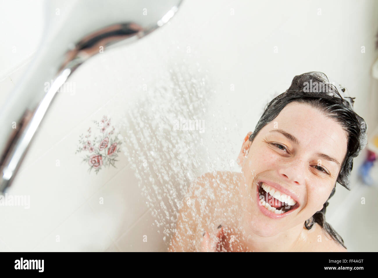 Shower Woman Happy Smiling Woman Washing Shoulder Showering In Stock