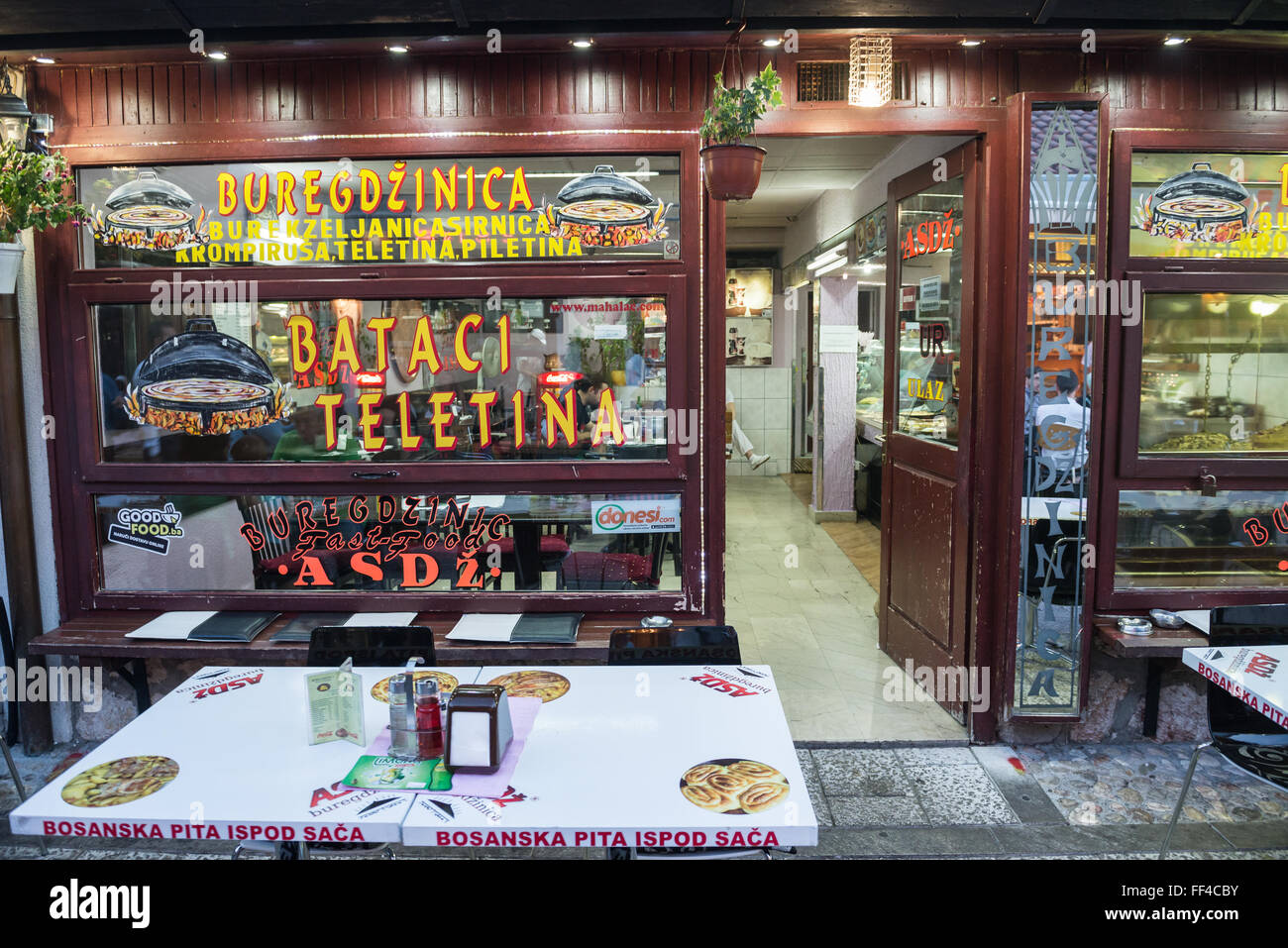 Restaurant serving rolled burek dish at Bascarsija historical district ...