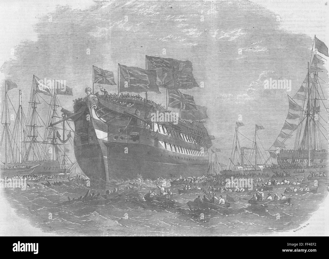 LONDON Launch line-of-battle ship Anson, Woolwich 1860. Illustrated ...