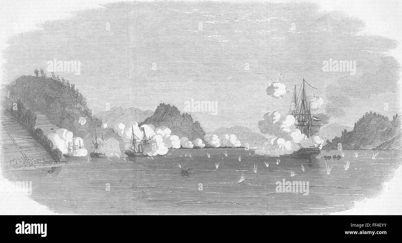 JAPAN Attack on Dutch war-ship Medusa, Simonoseki 1863. Illustrated ...