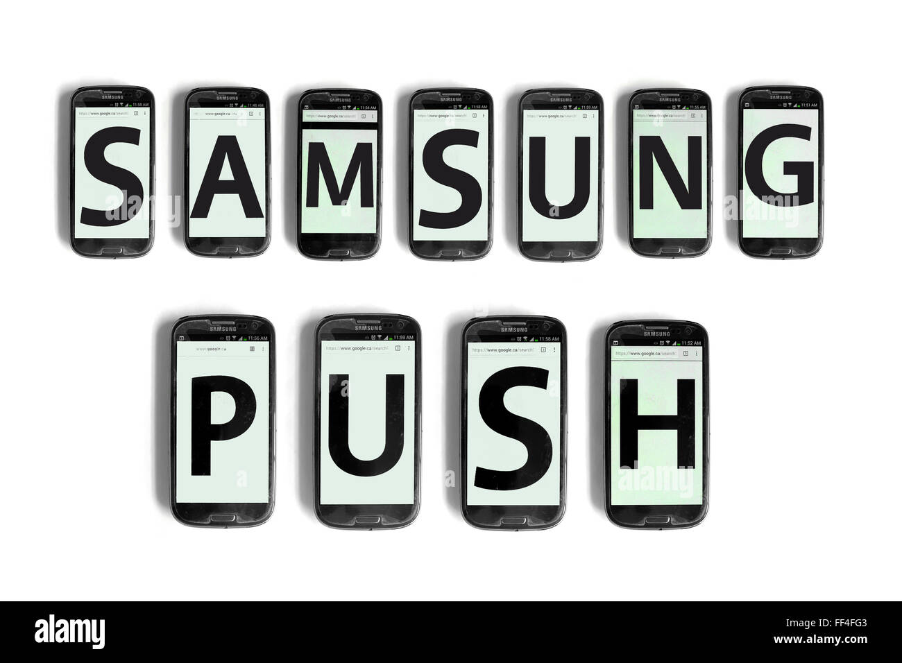 Samsung Push written on the screens of smartphones photographed against ...