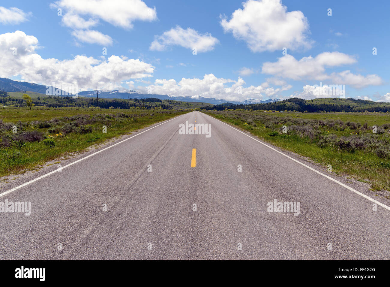 Straight and empty road running through fields. Wyoming Stock Photo - Alamy