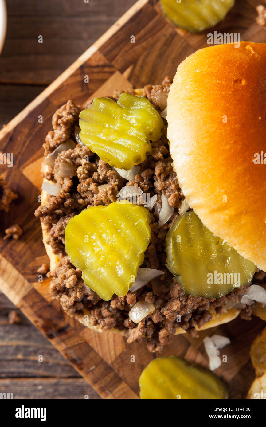 Homemade Loose Meat Tavern Sandwich with Onion and Pickle Stock Photo ...