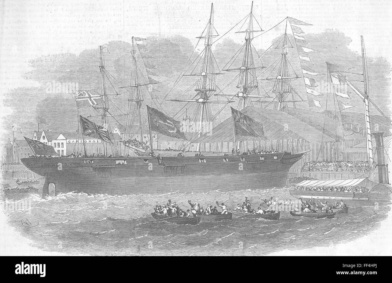 LONDON Launch war-ship, Limehouse docks 1855. Illustrated London News ...