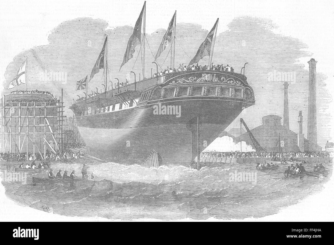 LONDON Launch Ship Croesus, Blackwall 1853. Illustrated London News ...