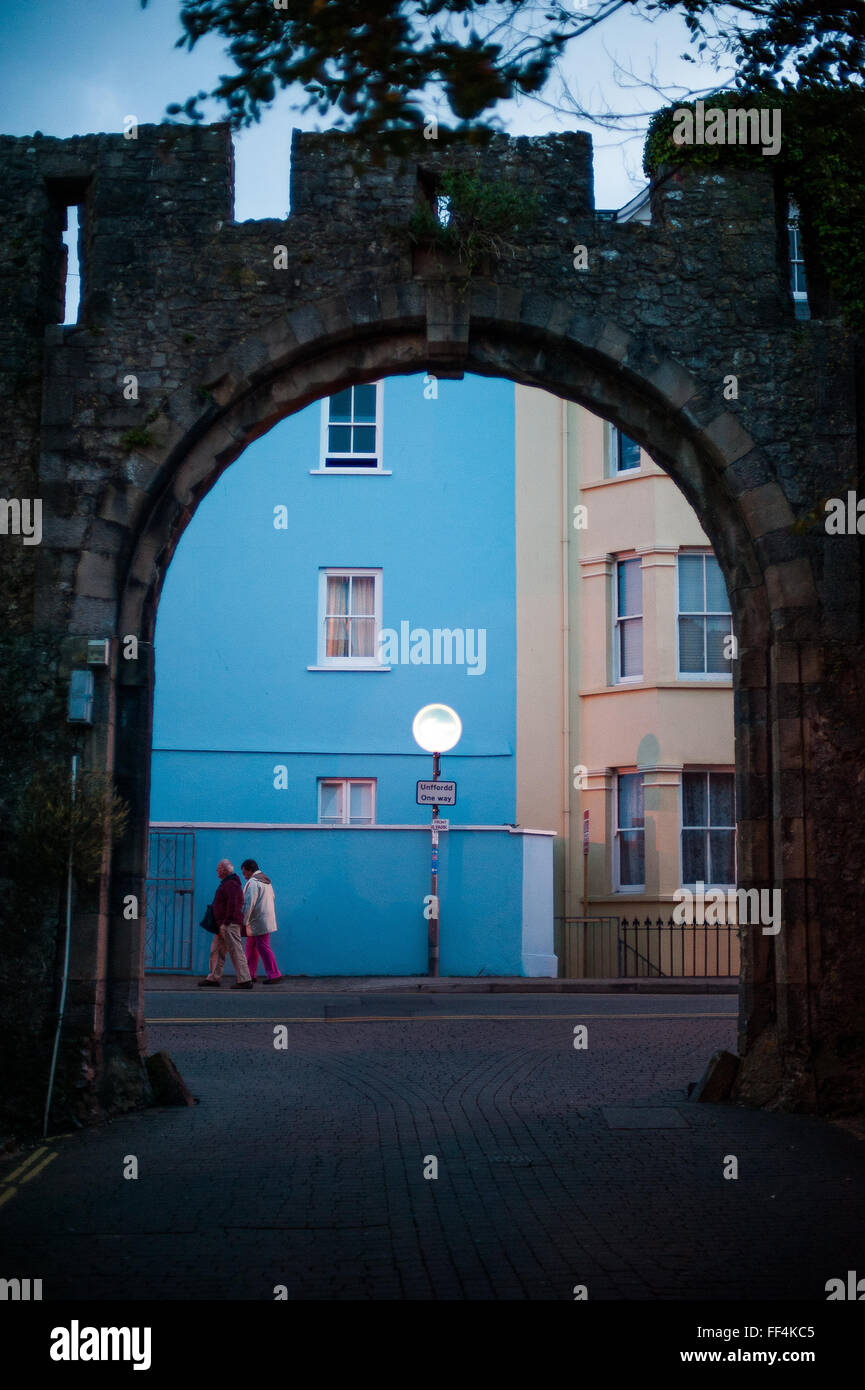 Old city walls and colourful houses, early evening, Tenby, Wales Stock ...