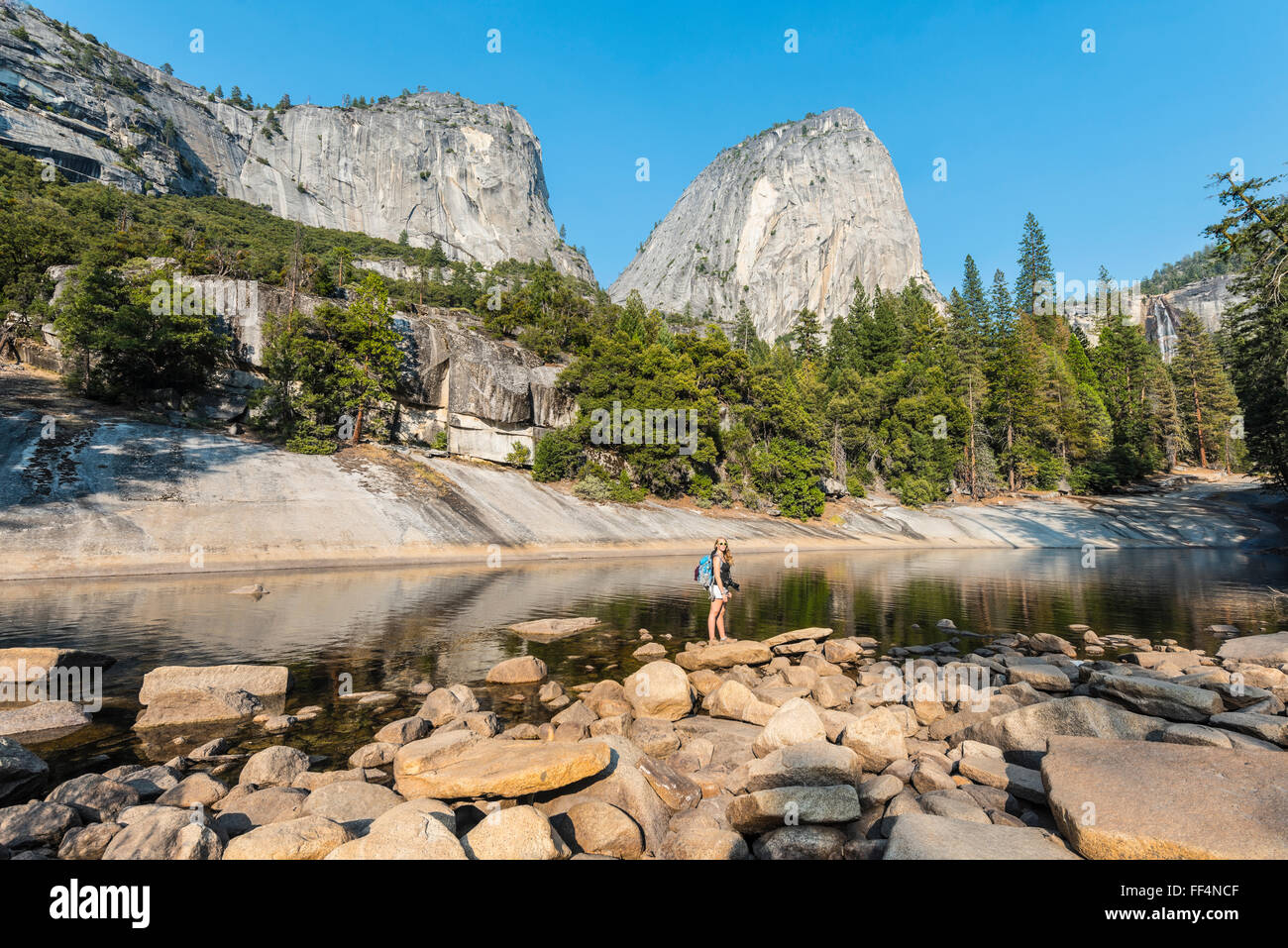 Hiker on the Merced River, Liberty Cap, Mist Trail, Yosemite National ...
