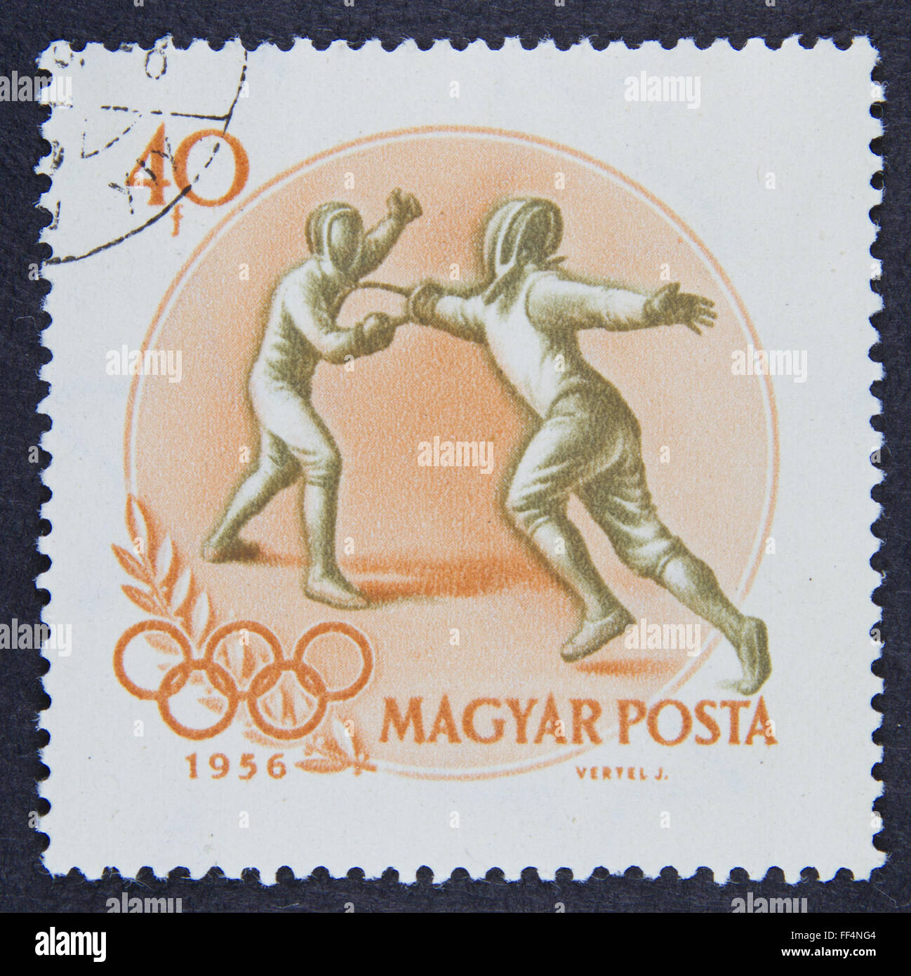 A stamp printed in Hungary, shows Fencing in 16th Olympic Games at ...
