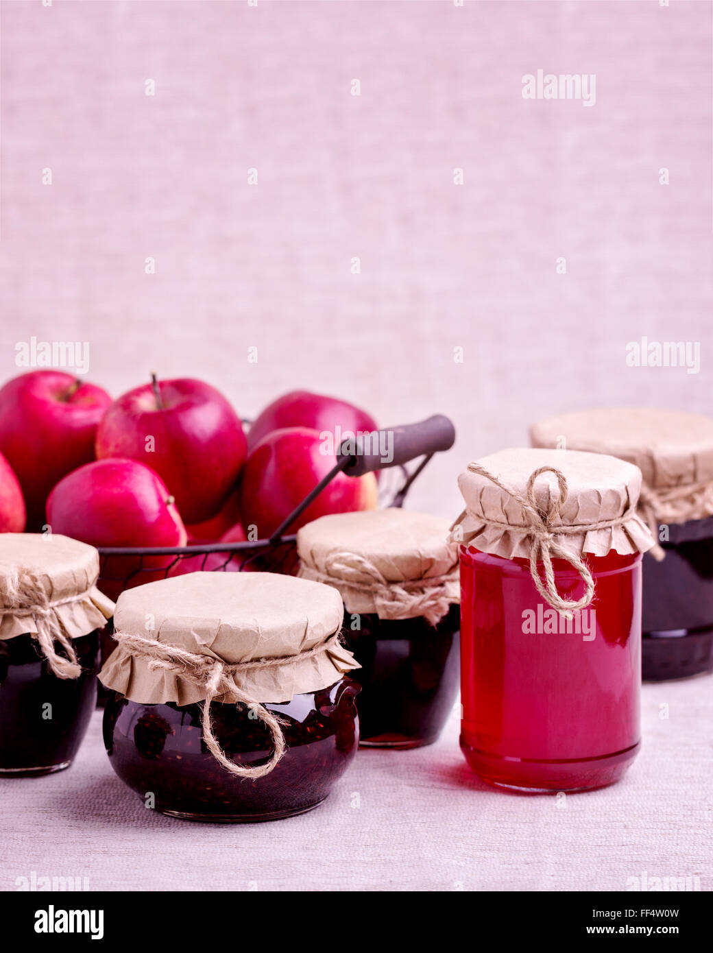 Preserved homemade fruits and berries jam in the jar. Rustic style ...