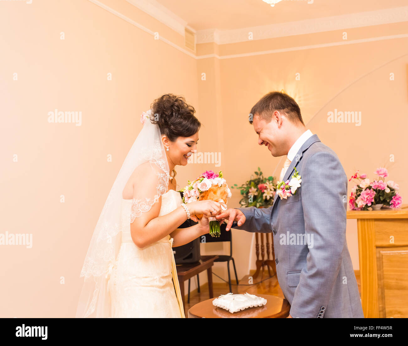 wedding ceremony in a registry office painting, marriage Stock Photo ...