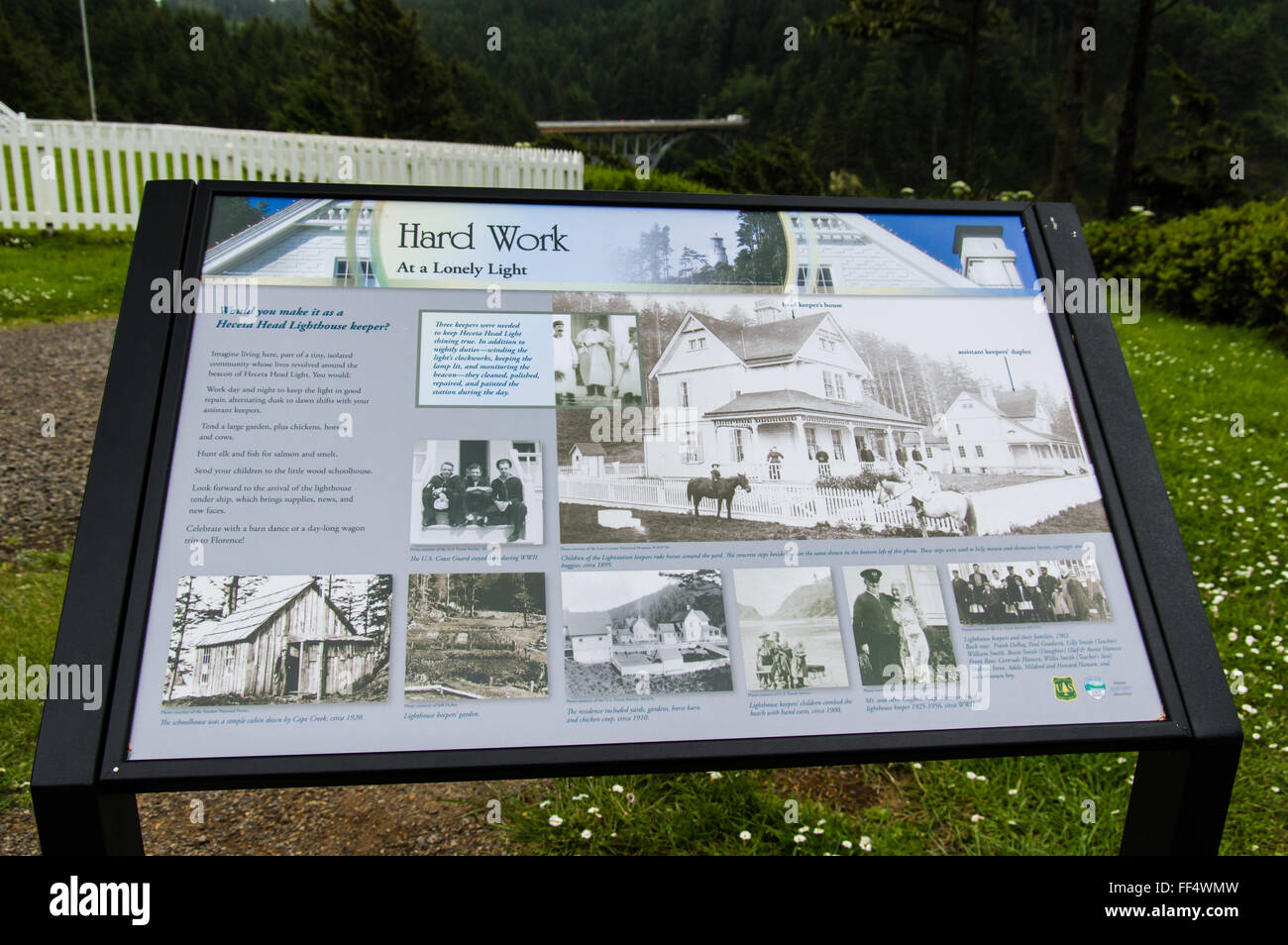 Sign describing life as a lighthouse keeper on the Oregon coast Stock ...
