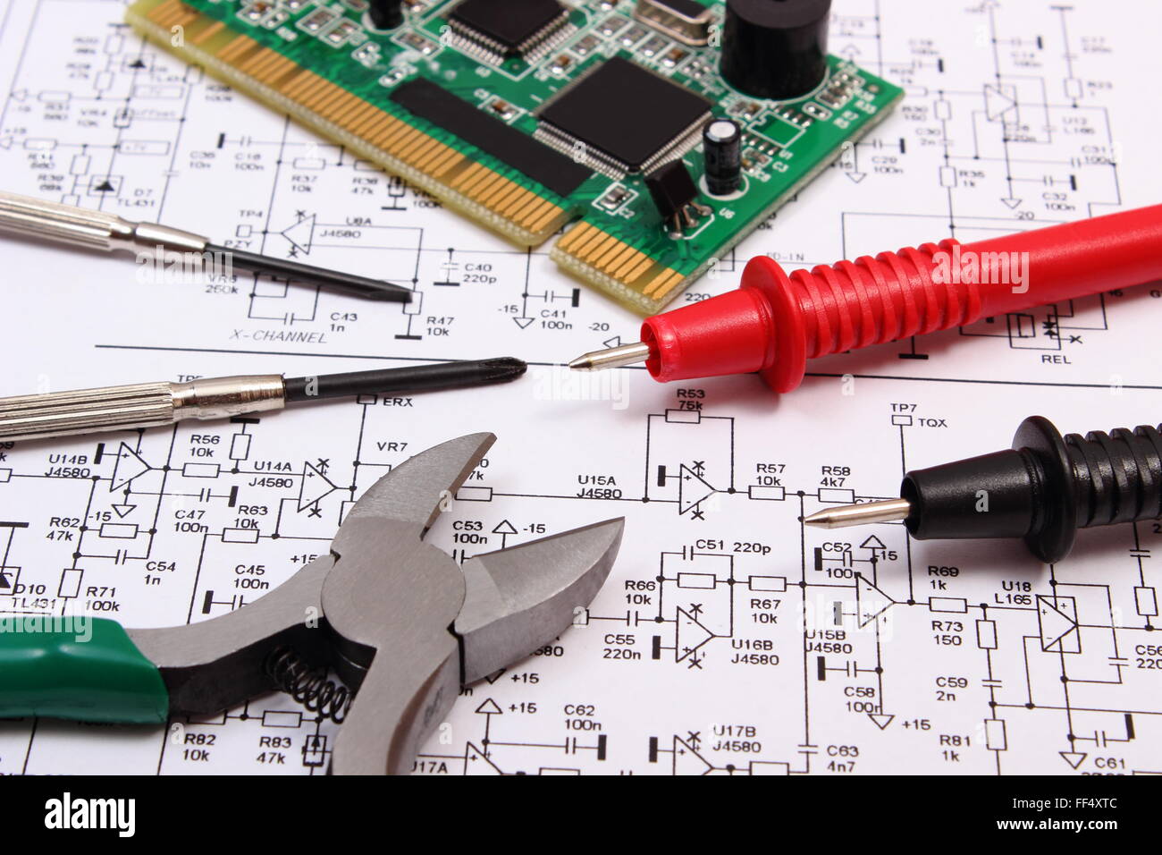 Printed circuit board with electrical components, precision tools and ...