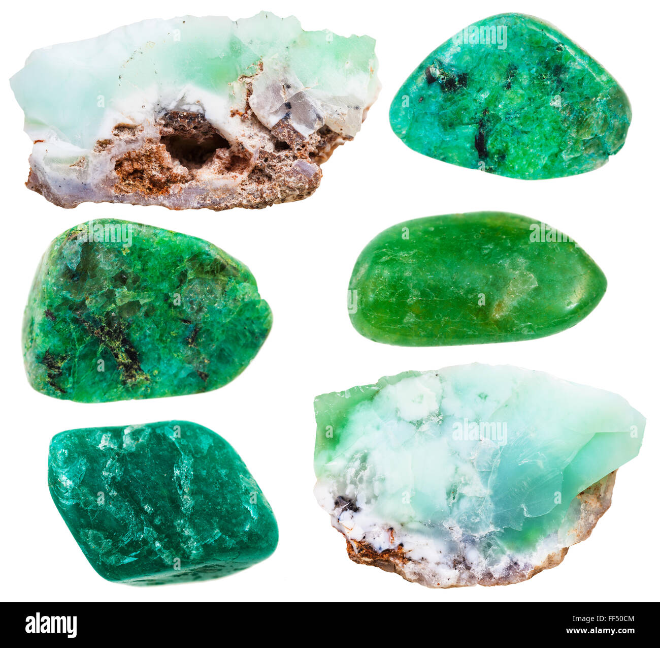 set of natural mineral stones - specimens of chrysoprase (chrysophrase ...