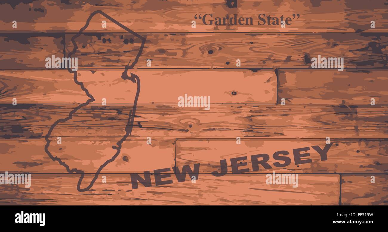 New Jersey state map brand on wooden boards with map outline and state ...