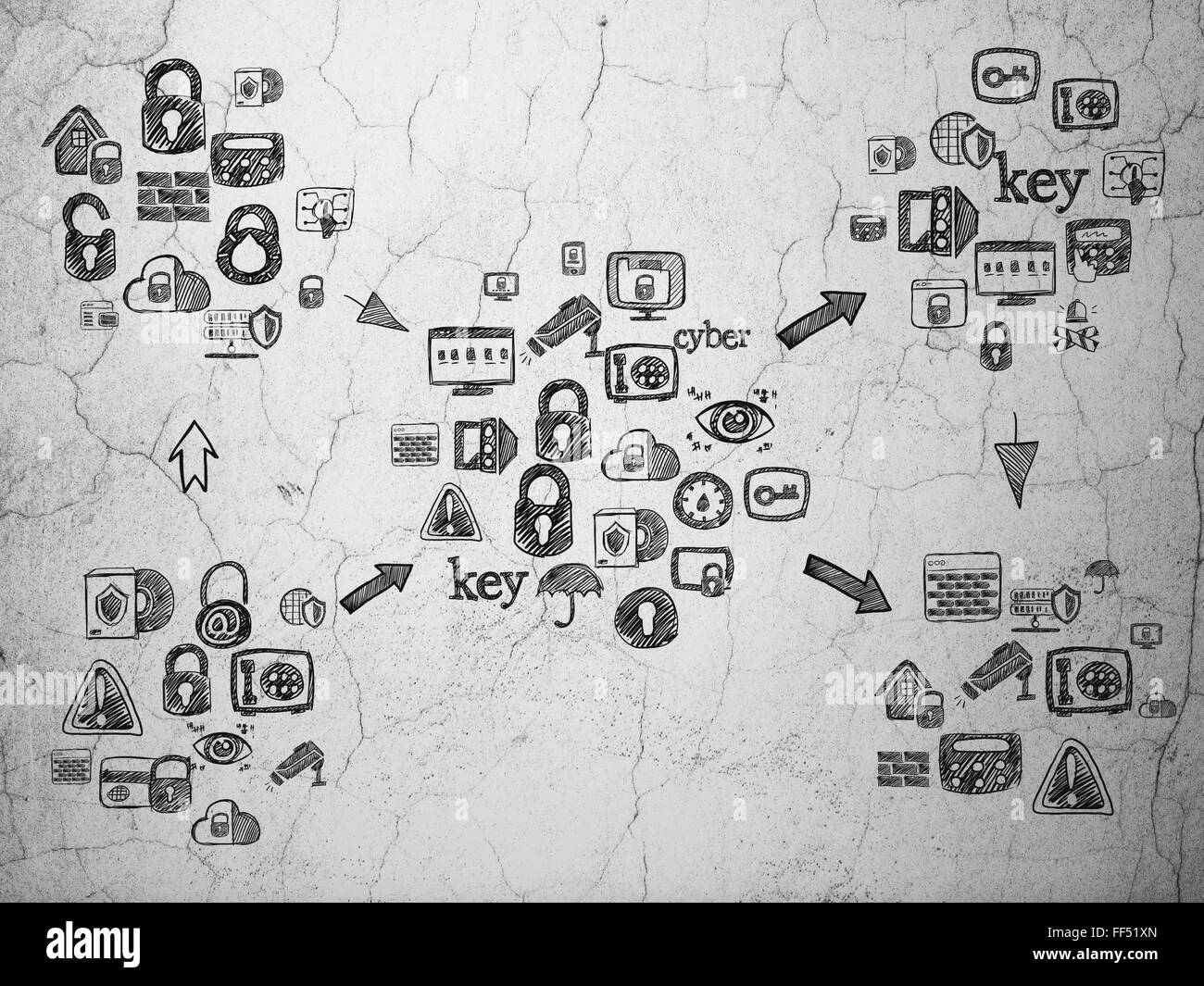 Grunge background: wall texture with Hand Drawn Security Icons Stock ...