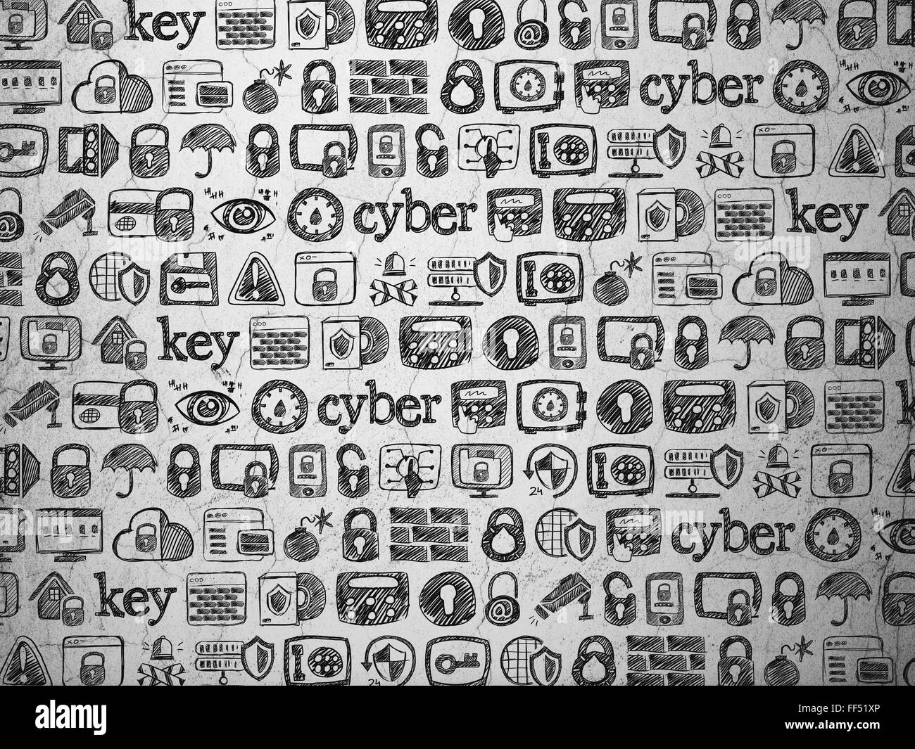 Grunge background: wall texture with Hand Drawn Security Icons Stock ...