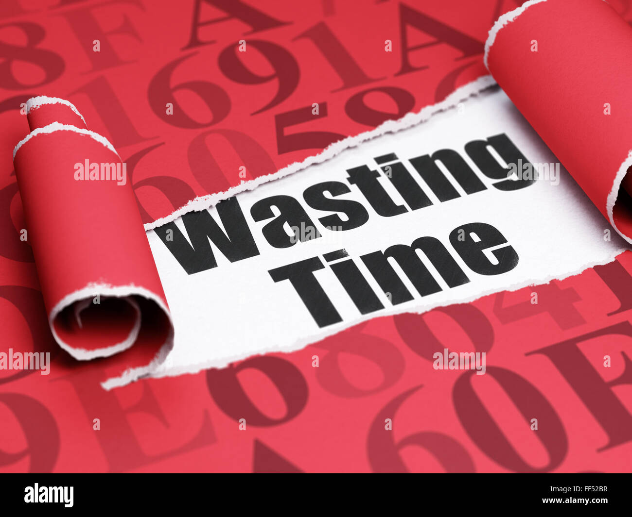 Timeline concept: black text Wasting Time under the piece of torn paper ...