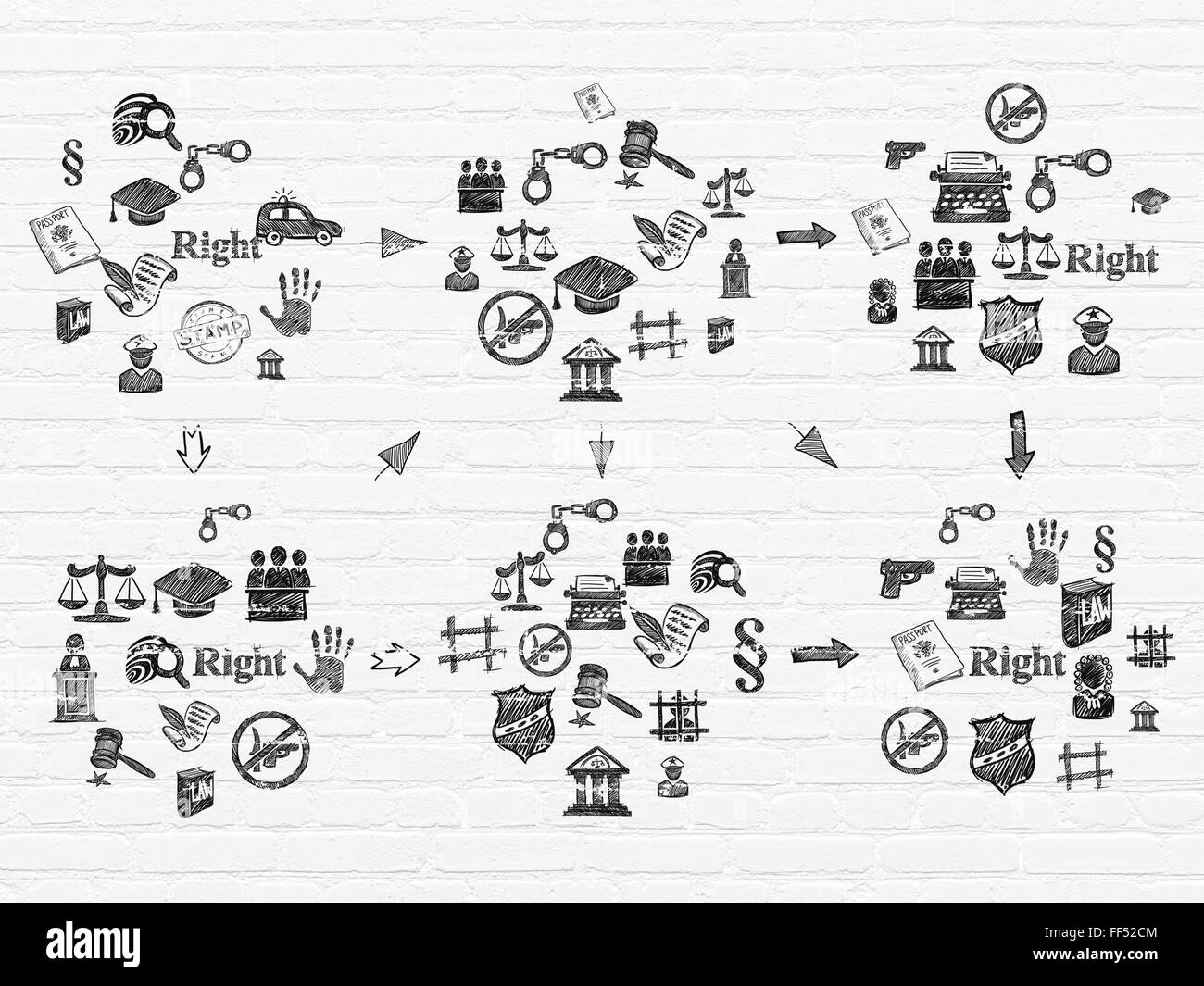 Grunge background: White Brick wall texture with Hand Drawn Law Icons ...