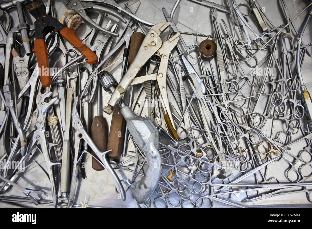 Surgical tools on an equipment tray in a Bangladesh hospital waiting to ...