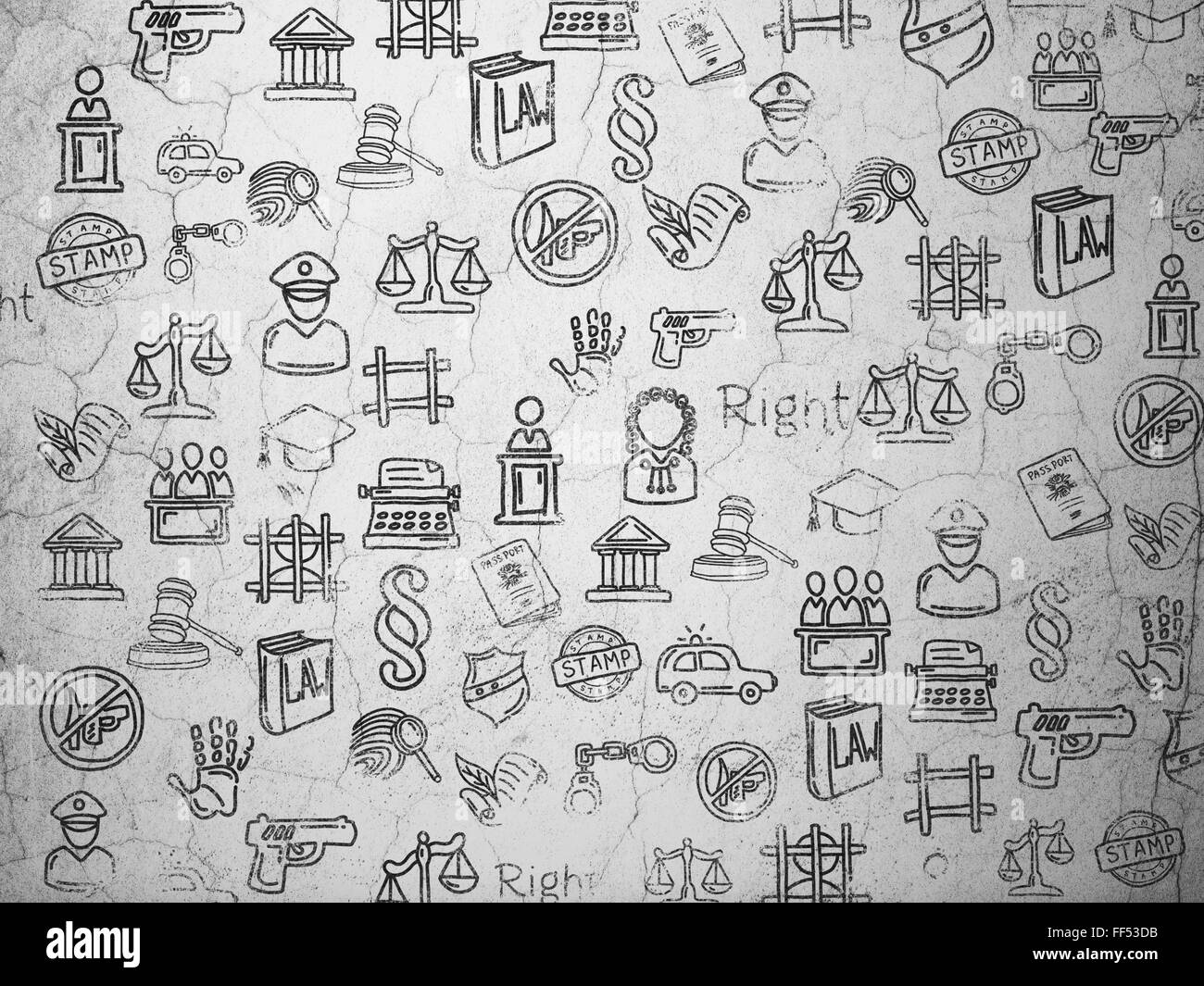 Grunge background: wall texture with Painted Hand Drawn Law Icons Stock ...