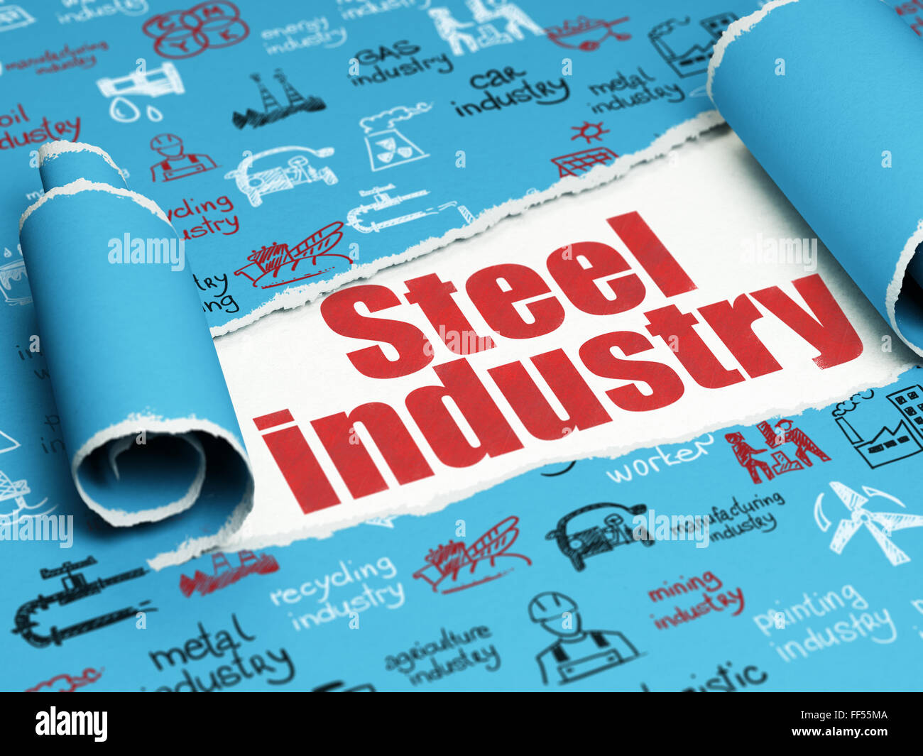 Manufacuring concept: red text Steel Industry under the piece of torn ...