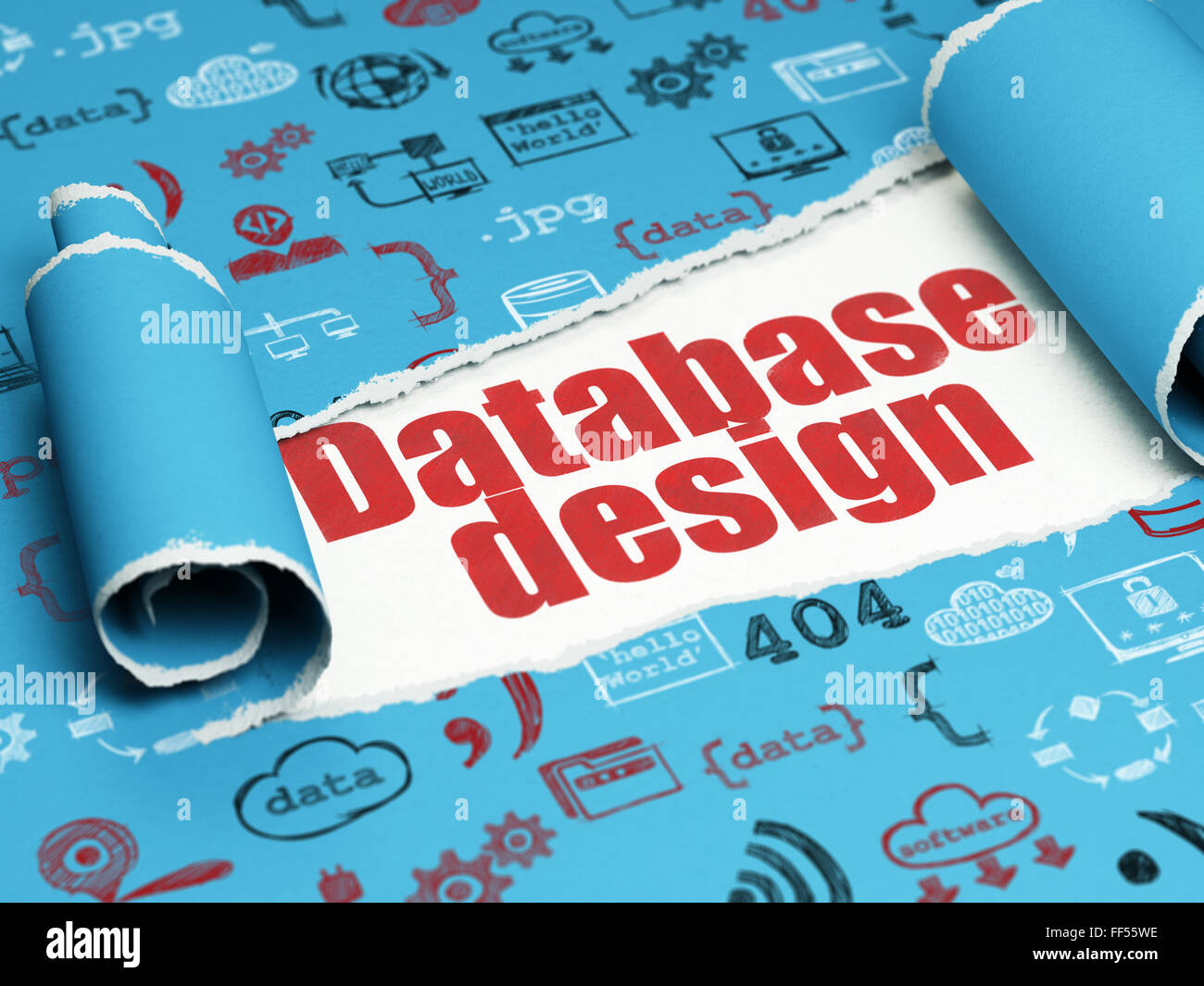Software concept: red text Database Design under the piece of torn ...
