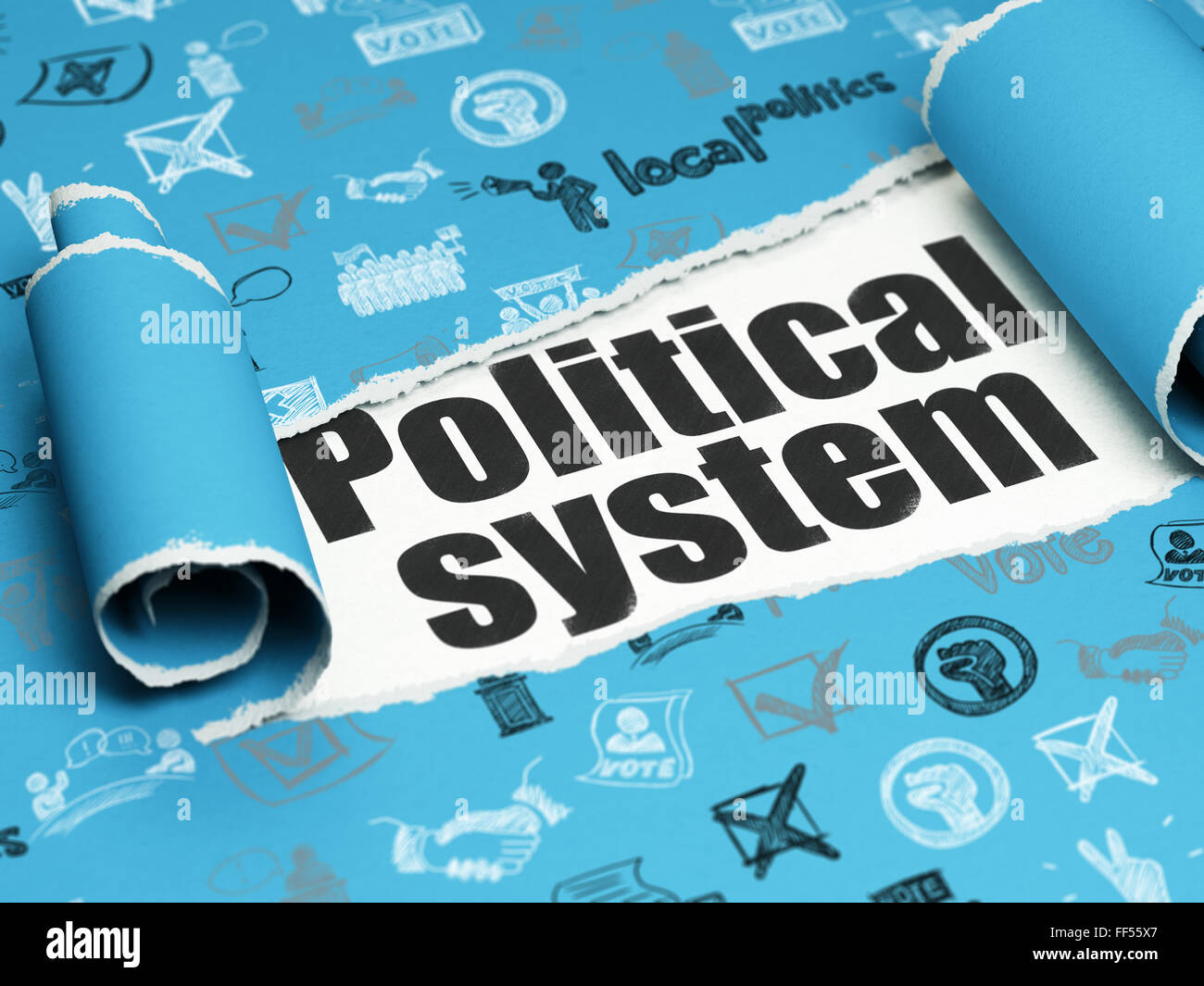 Politics concept: black text Political System under the piece of torn ...