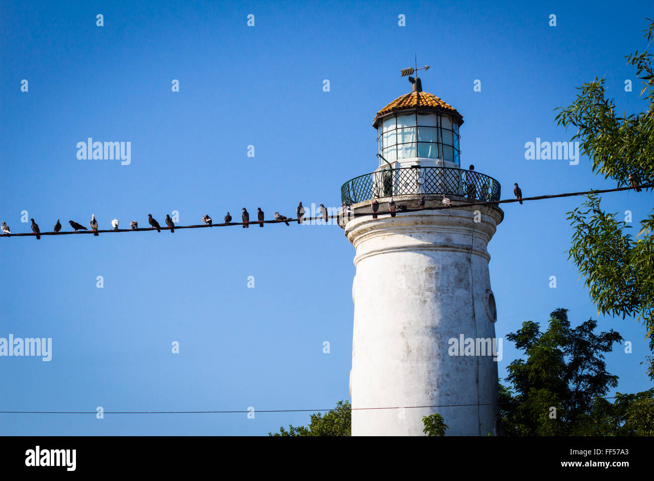 Old lighthouse with birds on wire Stock Photo - Alamy