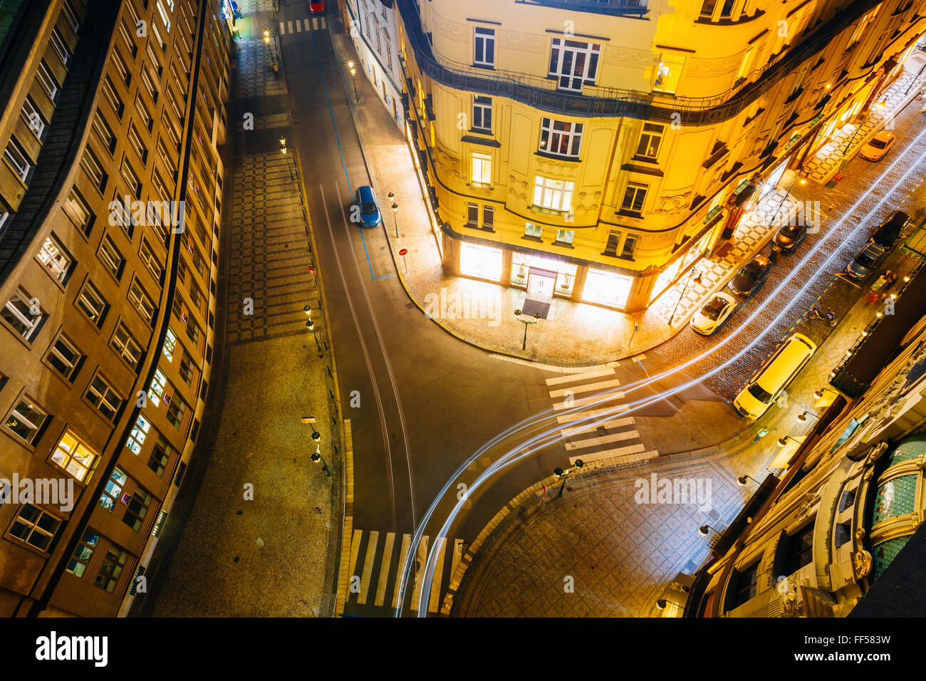 Night view of building of the Czech Industrial Bank in Prague, Czech ...