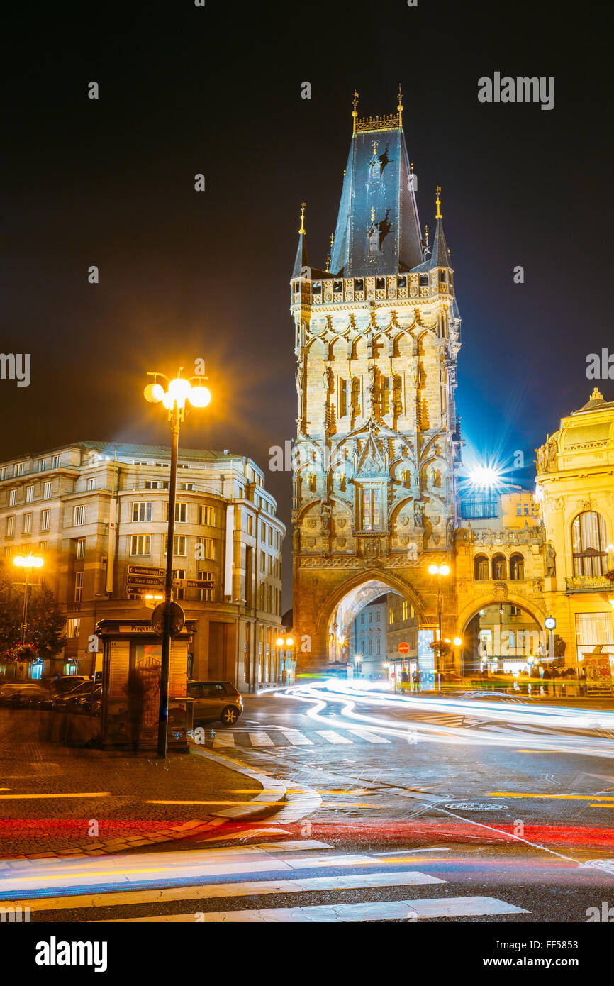 Night view of the Powder Tower or Powder Gate. This landmark is a Gothic tower in Prague, Czech ...