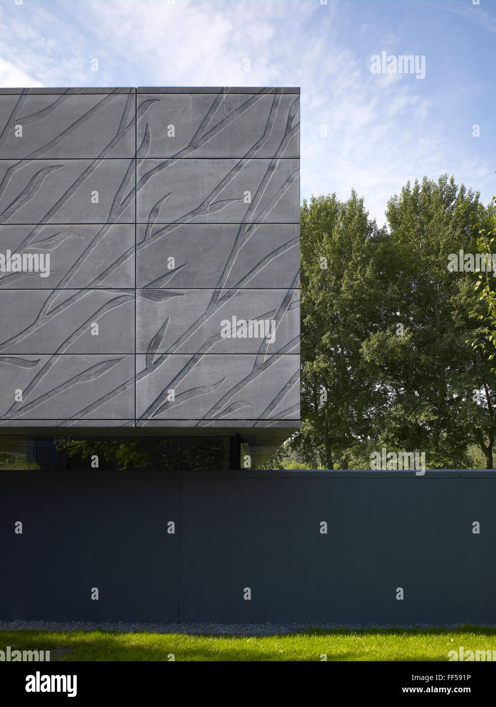 Rectilinear fibre-cement facade with branch pattern. Project X, Almere ...