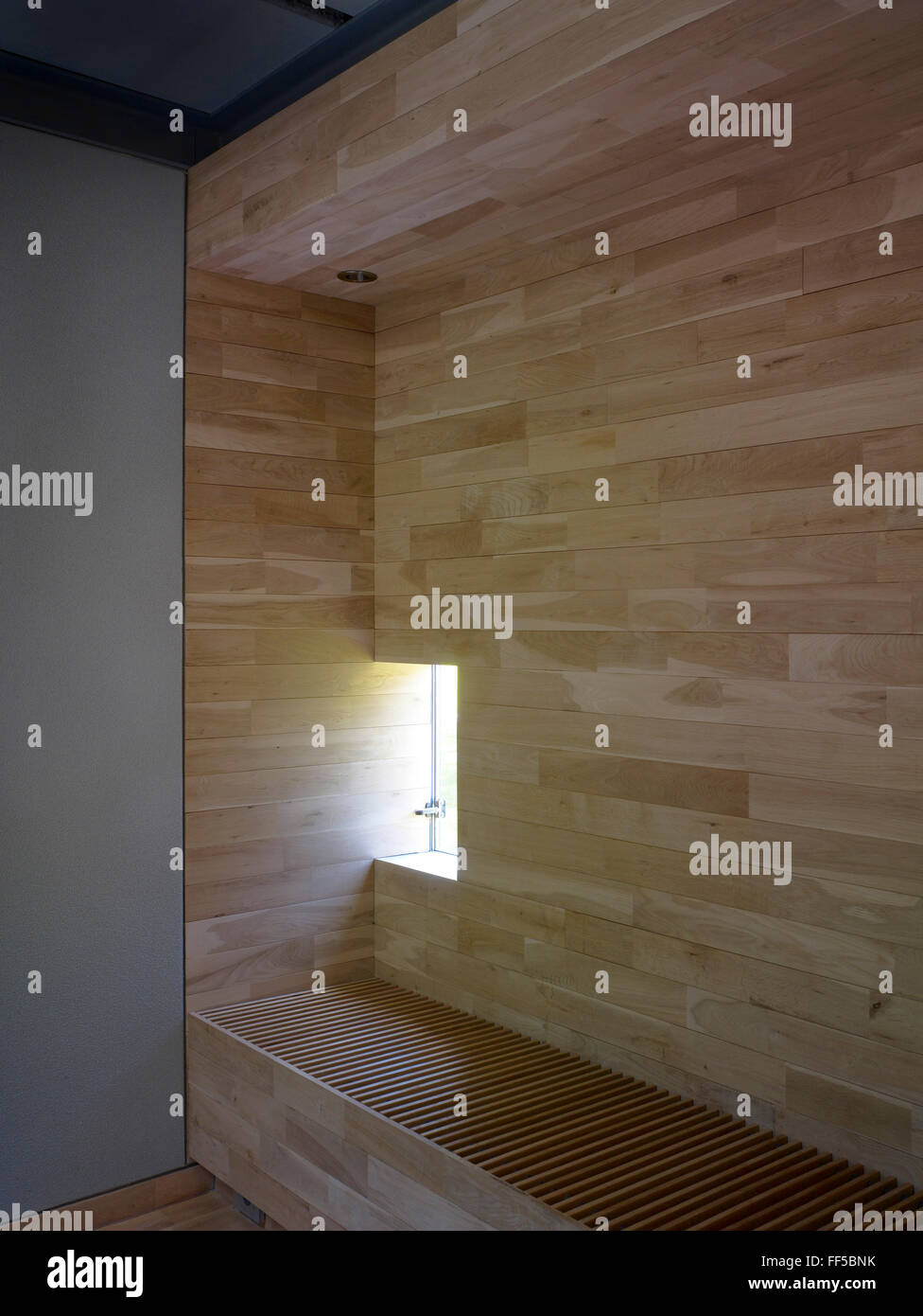 Detail of timber lining with window and bench. Project X, Almere ...