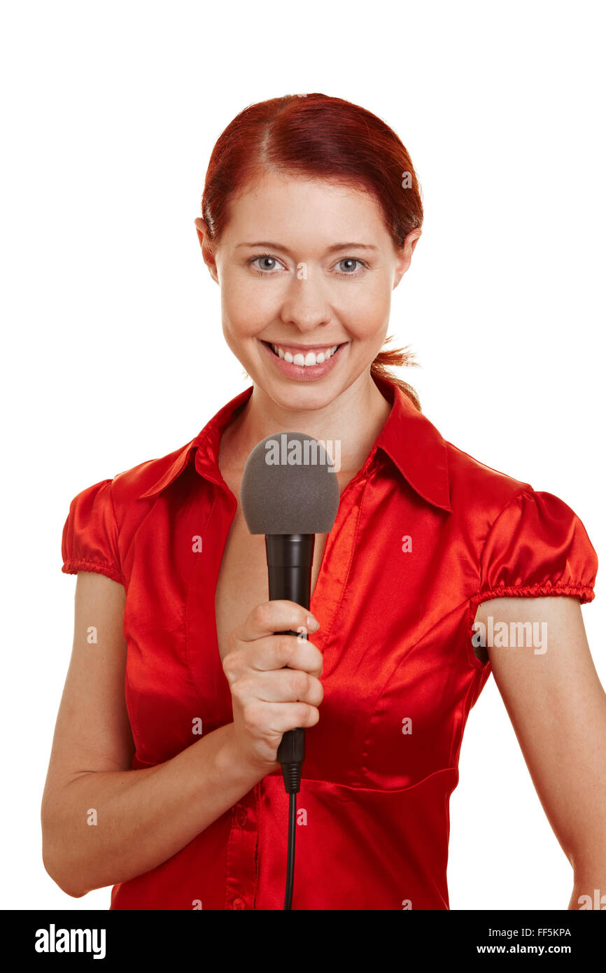 Journalist girl holding a microphone hi-res stock photography and images - Alamy