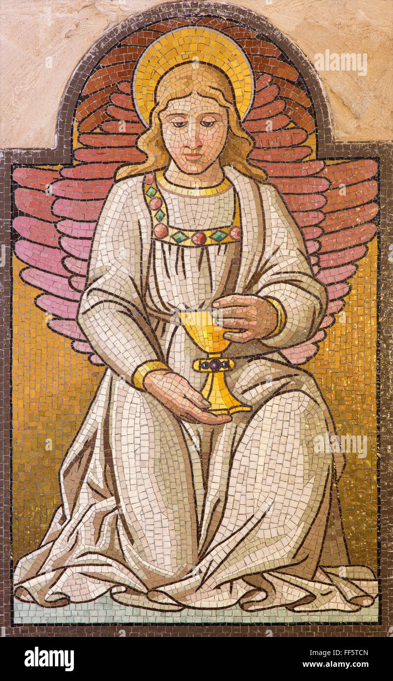 JERUSALEM, ISRAEL - MARCH 5, 2015: The mosaic of angel with the cup in ...