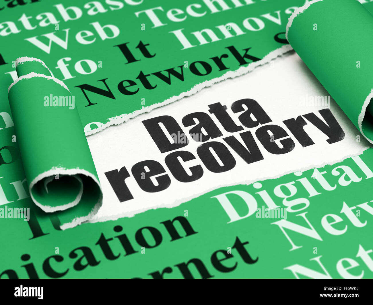 Information concept: black text Data Recovery under the piece of torn ...