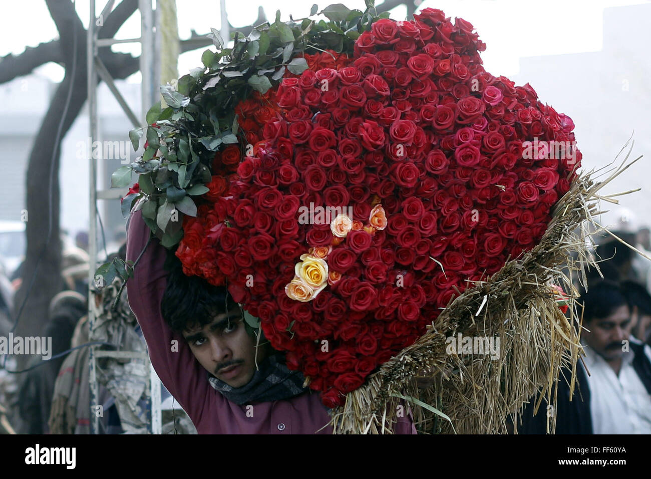 Pakistani flower vendor display fresh roses and garlands to attract the ...