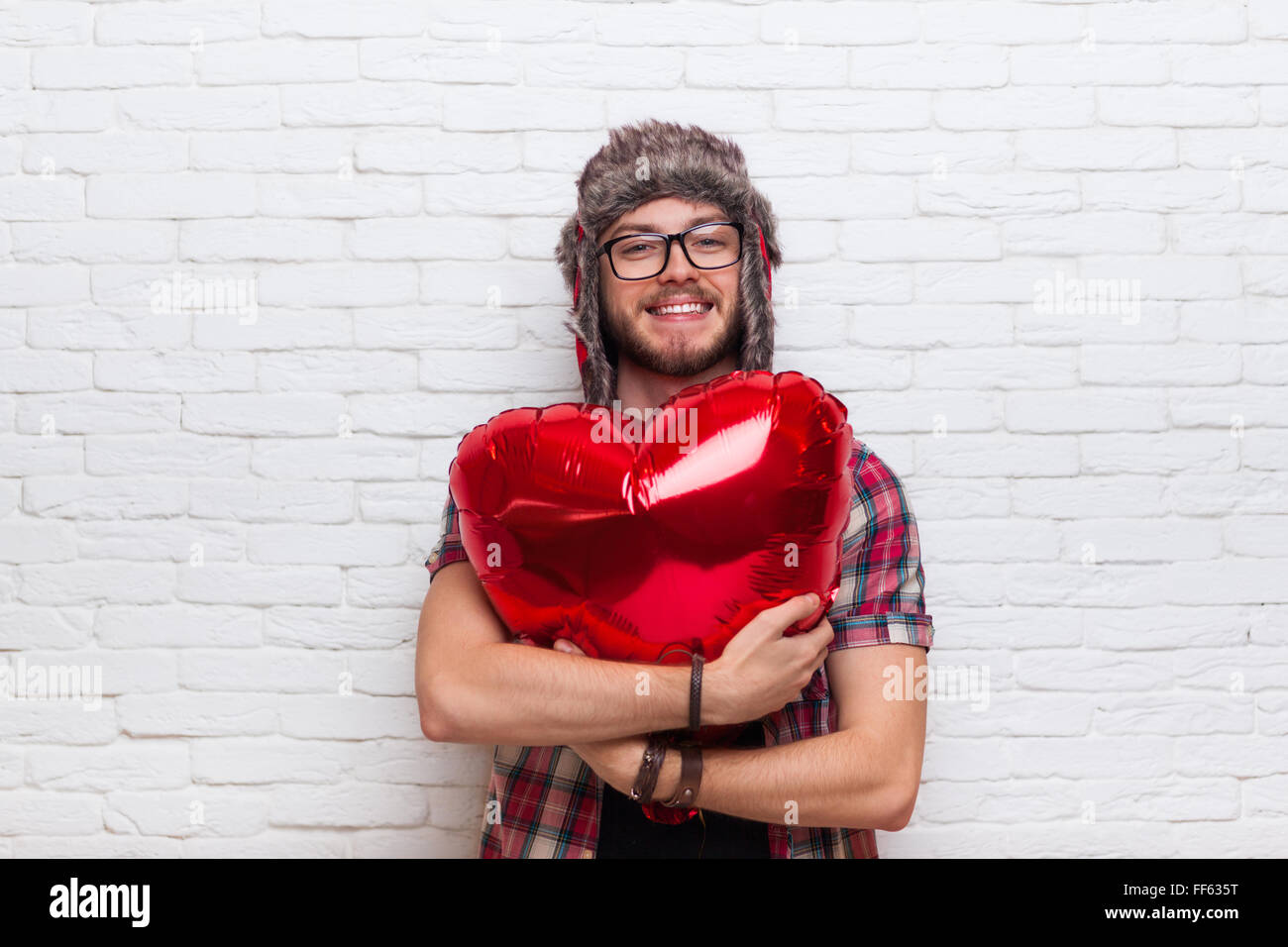 Man Hug Red Heart Shape Baloon Hipster Fashion Style Wearing Hat ...