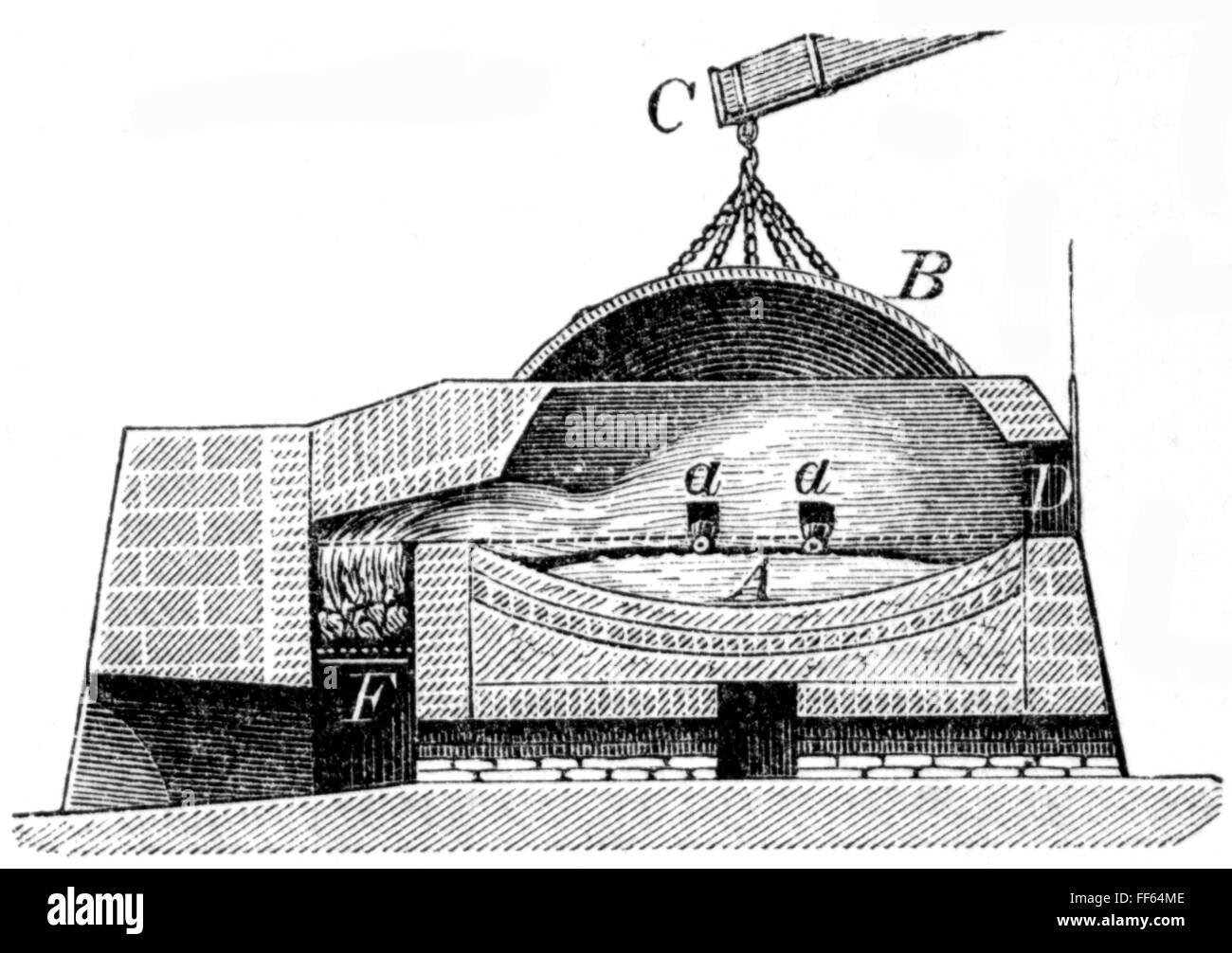 metal, silver, refining furnace, cross section, wood engraving, out of ...