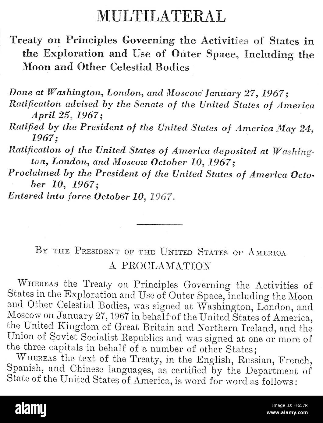 OUTER SPACE TREATY, 1967. /nFirst page of the printed text of the ...