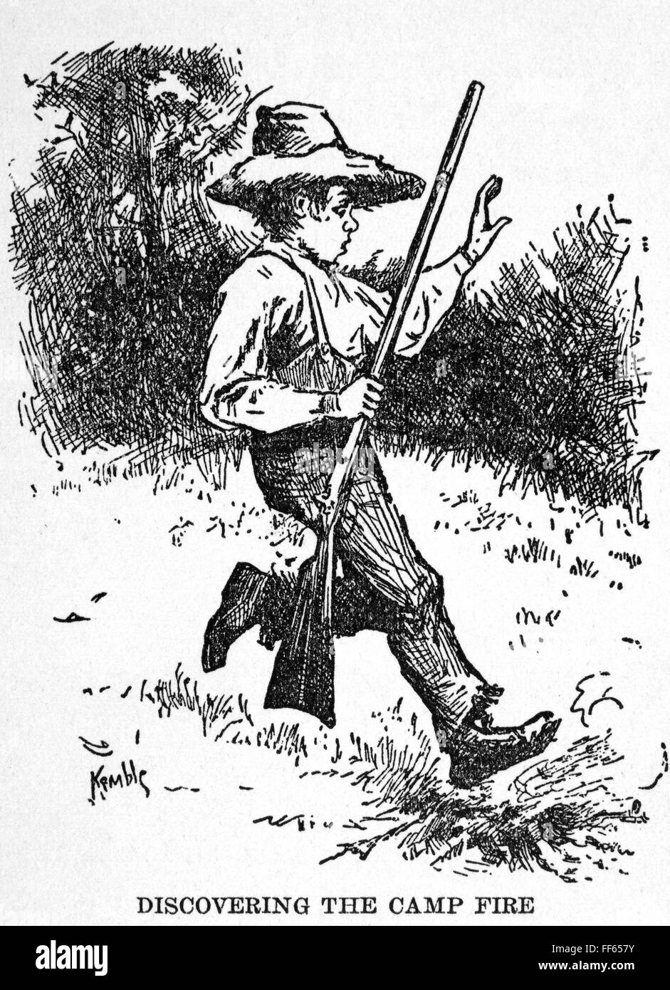 CLEMENS: HUCK FINN. /n'Discovering the camp fire.' Drawing by Edward ...