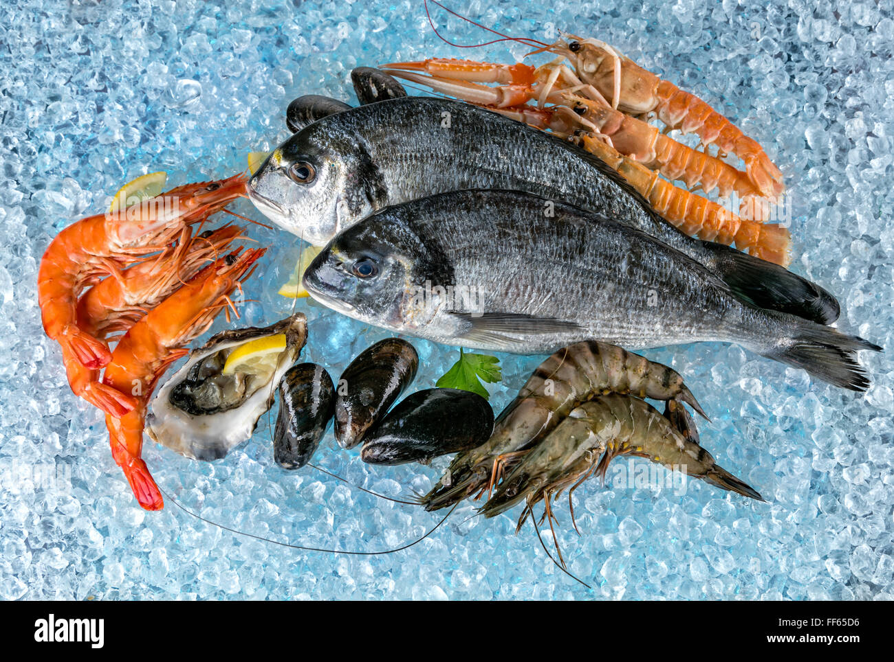 Seafood placed on ice drift Stock Photo - Alamy